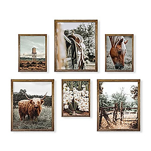 Rustic Farmhouse Bathroom Poster - Boho Western Decor - Highland Cow Pictures Wall Art - Old West Ranch Room Decor - Country Horse Cactus Print - Southwestern Farm House Animal - Gift Cowboy Cowgirl
