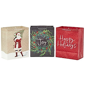 Hallmark 13" Large Christmas Gift Bag Bundle (3 Bags: "Joy" Wreath on Gray, Rustic Santa with Tree, "Happy Holidays" on Red) for Friends, Family, Teachers, Coworkers