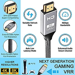 8K HDMI Cable 4FT/1.2M, Ultra High-Speed 48Gbps Gold Plated Braided HDMI 2.1 Cord, 4K@120Hz 8K@60Hz, Dynamic HDR, eARC, Dolby Atmos, Compatible with PS5/Xbox/Playstation/Fire TV/Roku TV and More