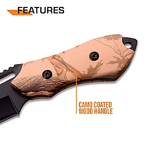 Elk Ridge - Outdoors Fixed Blade Knife - 6-in Overall, 3-in Black Stainless Steel Blade, Camo Coated Wood Handle, 1680D Nylon Sheath - Hunting, Camping, Survival - ER-562BC