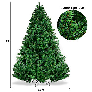 Goplus 6ft Artificial Christmas Tree, Premium Unlit Hinged Spruce Full Tree with 1000 Branch Tips, Metal Stand, Hinged Structure, Easy Assembly Festival Celebration Xmas Tree for Home, Office, Party