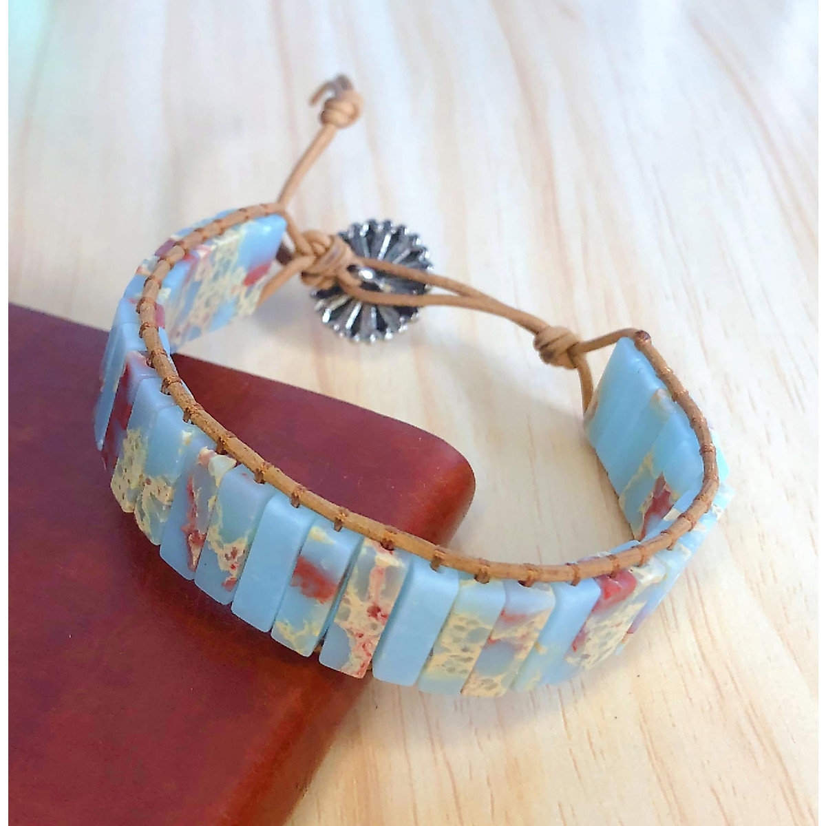 JEYAMTSOGE 7 Chakra Bracelet for Women with Real Gemstones Leather Boho Handmade Natural Stone Healing Yoga Bracelet Friendship Jewelry(Light blue agalmatolite)