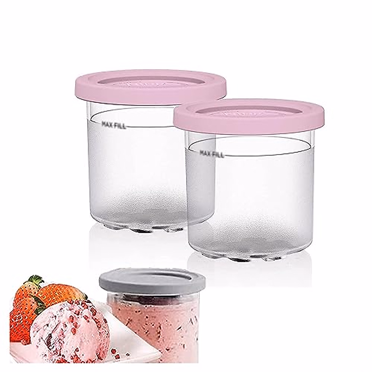 EVANEM 2/4/6PCS Creami Containers, for Creami Ninja Ice Cream Deluxe,16 OZ Creami Pint Containers Reusable,Leaf-Proof for NC301 NC300 NC299AM Series Ice Cream Maker,Pink-4PCS