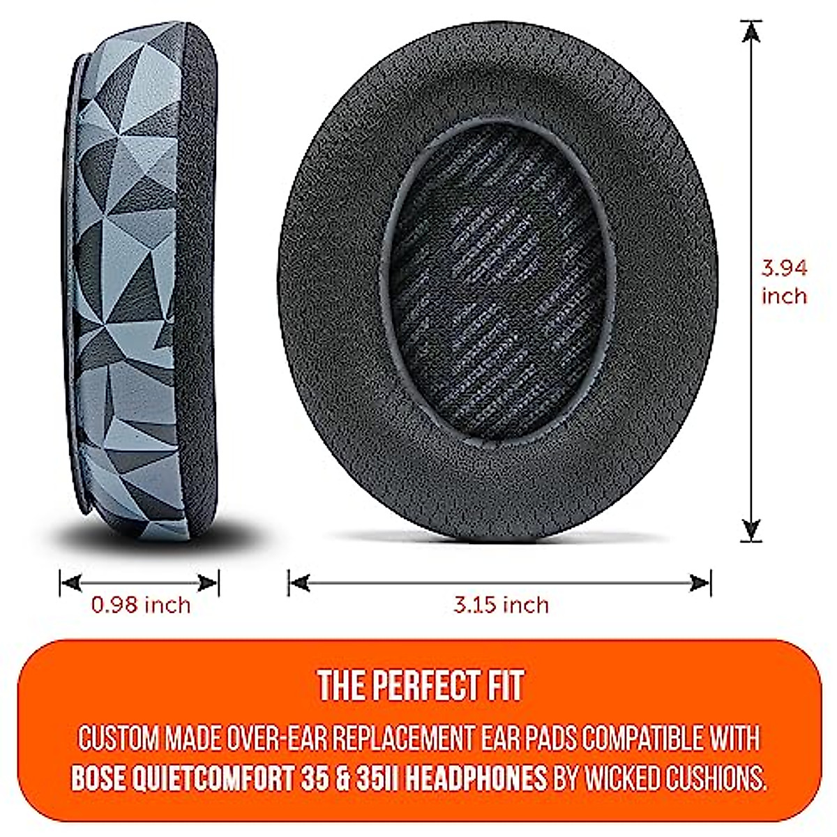WC Freeze QC35 - Cooling Gel Ear Pads for Bose QC35 & QC35ii (QuietComfort 35) Headphones & More | Breathable Sports Fabric, Cooling Gel, Extra Thick & Cooler for Longer | Geo Grey