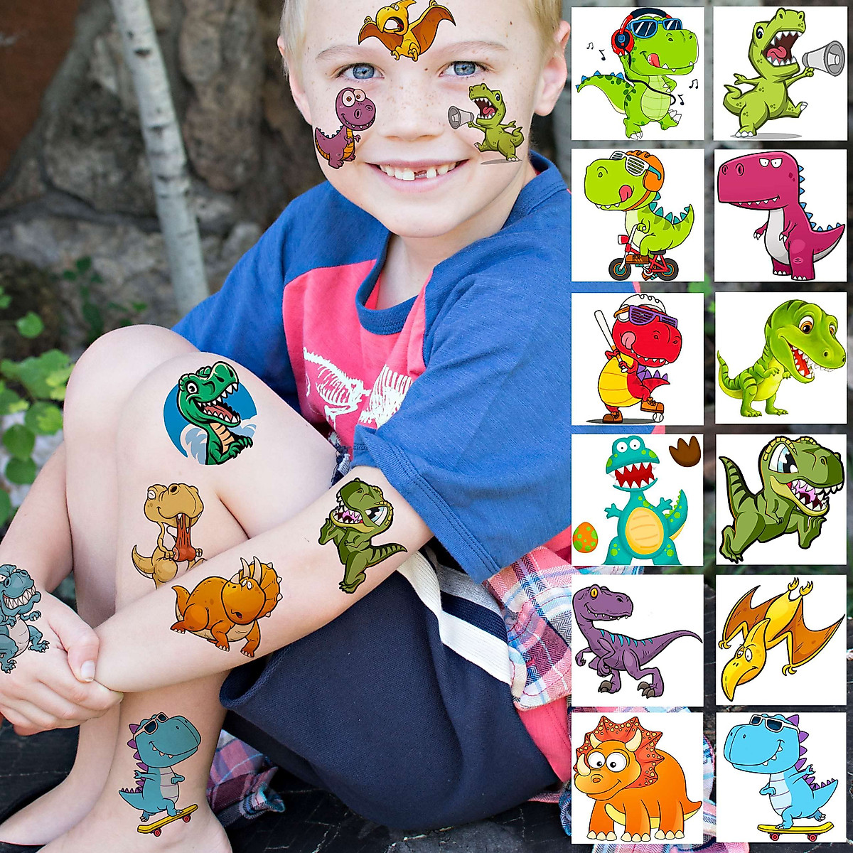 TASROI 50 PCS 3D Dinosaur Temporary Tattoos For Kids Boys Teens, Fun T-Rex Fake Face Tattoo Sticker For Children Party Favor Sets Supplies, Small Dino Tatoos For Girls Birthday Gifts Decoration