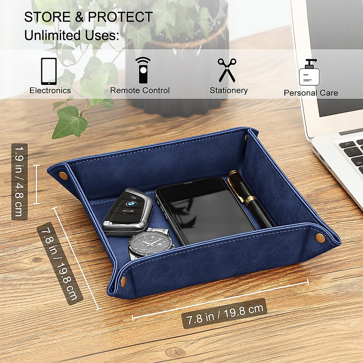 SITHON Valet Tray Desktop Storage Organizer – Premium PU Leather Catchall Tray Bedside Vanity Tray Nightstand Caddy Holder for Remote Controller, Keys, Phone, Wallet, Coin, Jewelry, Dark Blue