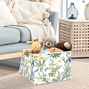 Kigai Collapsible Blooming White Flowers Storage Basket with Lids and Handles,Storage Bins for Shelves Closet Bedroom,Office Storage