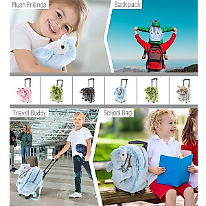 DolliBu Dolphin Plush Trolley and Purse Set - 3-in-1 Kids Trolley, Backpack, Blue Dolphin Purse, Soft Plush Backpack on Wheels, School Rolling Bag with Removable Plush Toy- 15"