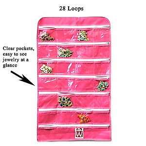 Wrapables® 28 Zippered Pockets Hanging Jewelry Organizer with 21 Holding Loops, Pink