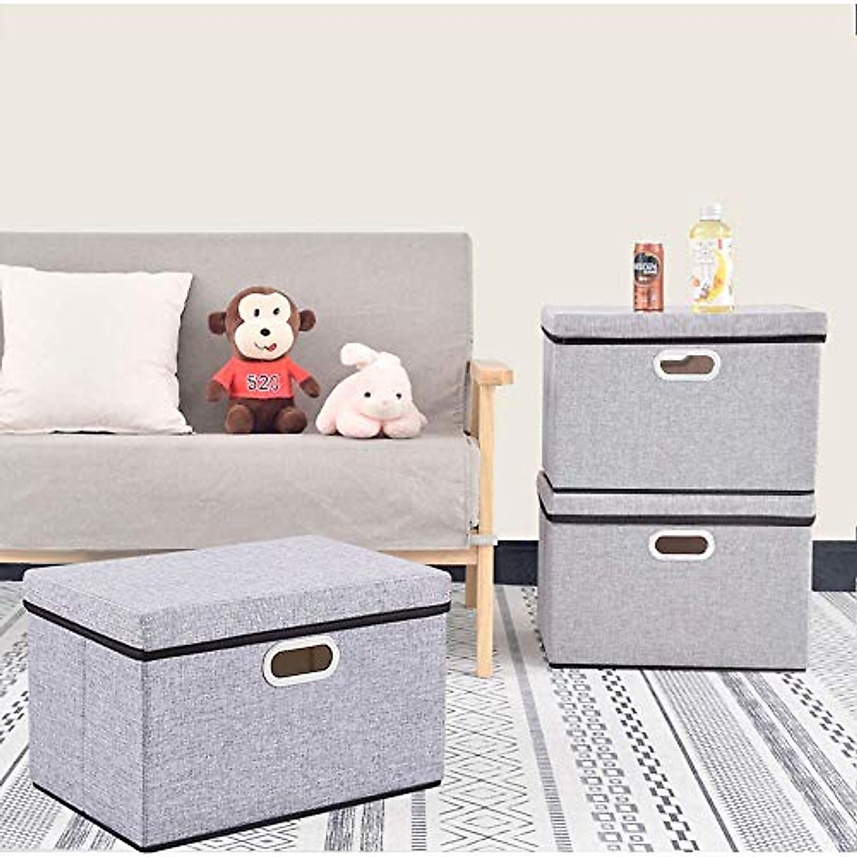 Foldable Fabric Storage Bins with Lids [3-Pack]with Removable Lid and Handles Fashionable Decorative Collapsible Linen Storage Box Used For Clothes Toys Books Home Closet Bed room Office