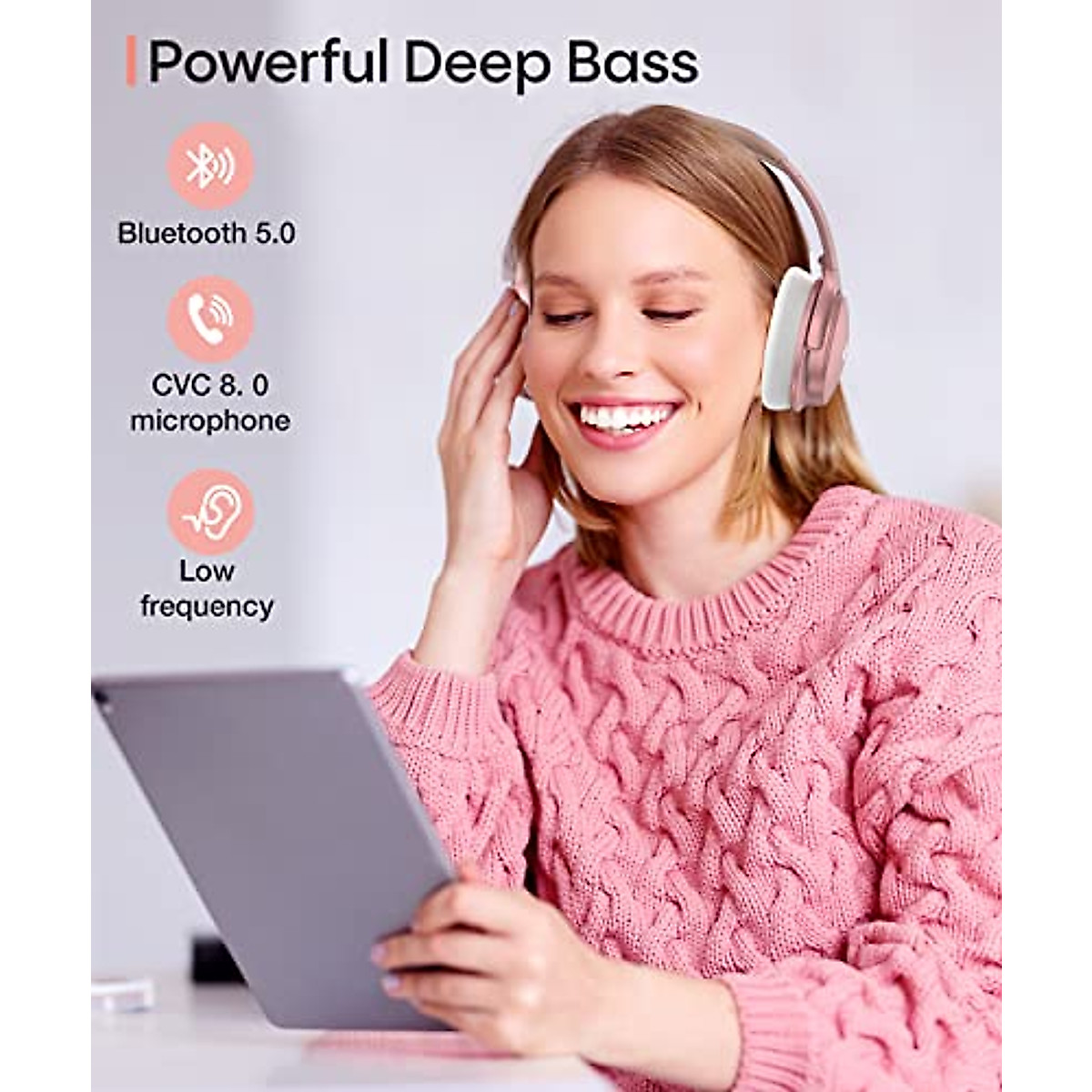 INFURTURE Rose Gold Active Noise Cancelling Headphones with Microphone Wireless Over Ear Bluetooth Headphones, Deep Bass, Memory Foam Ear Cups, Quick Charge 40H Playtime, for TV, Travel, Home Office