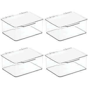 mDesign Plastic Cosmetic Storage Organizer Box Containers, Hinged Lid for Bedroom, Bathroom Vanity Shelf or Cabinet, Holds Masks, Palettes, Nail Polish, Lumiere Collection, 4 Pack - Clear