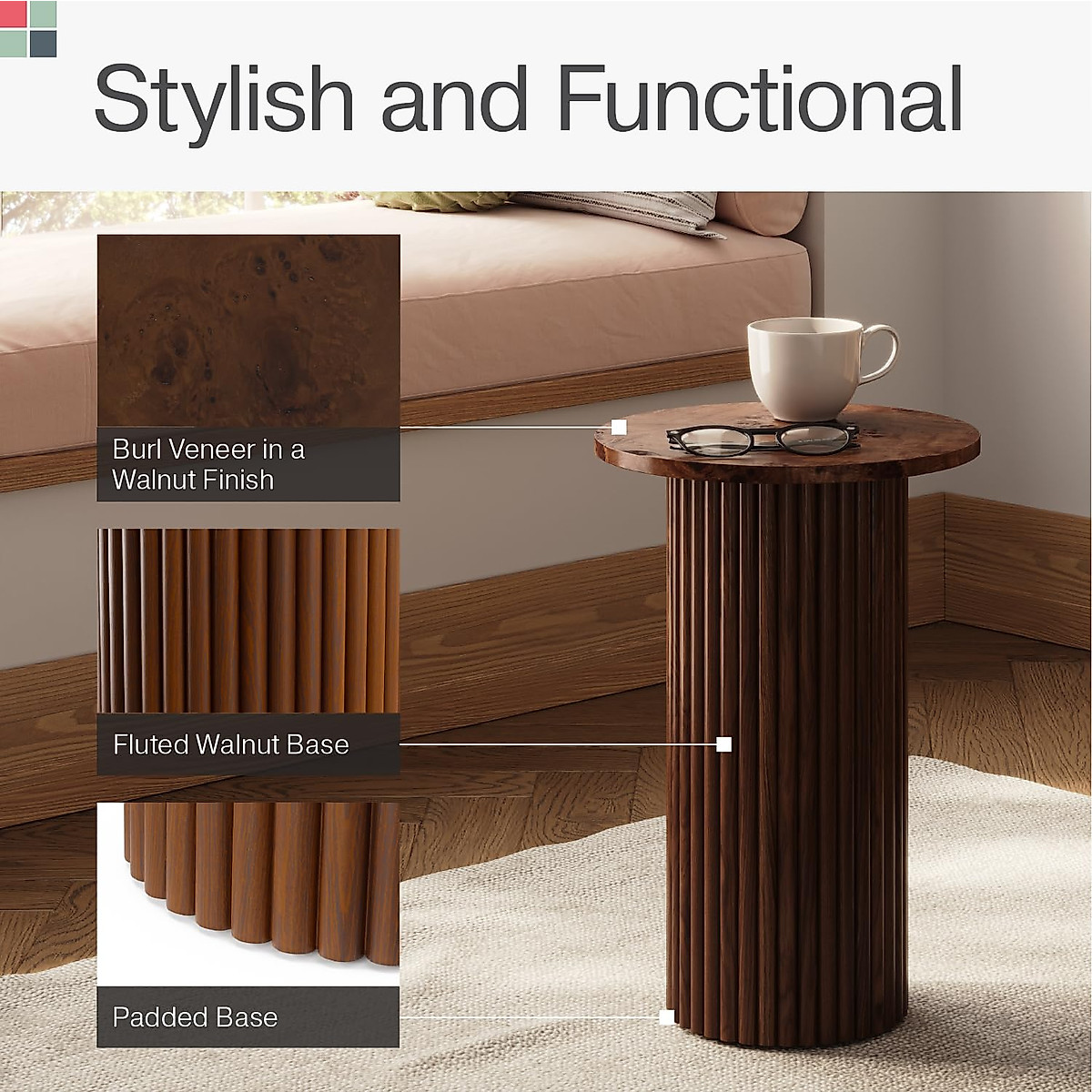 Round Fluted Accent Side Table - Small Drink Table - Living Room Furniture - Modern Home and Bedroom Decor - Pedestal Side Table with a Solid Oak Base (Burl Walnut Finish)