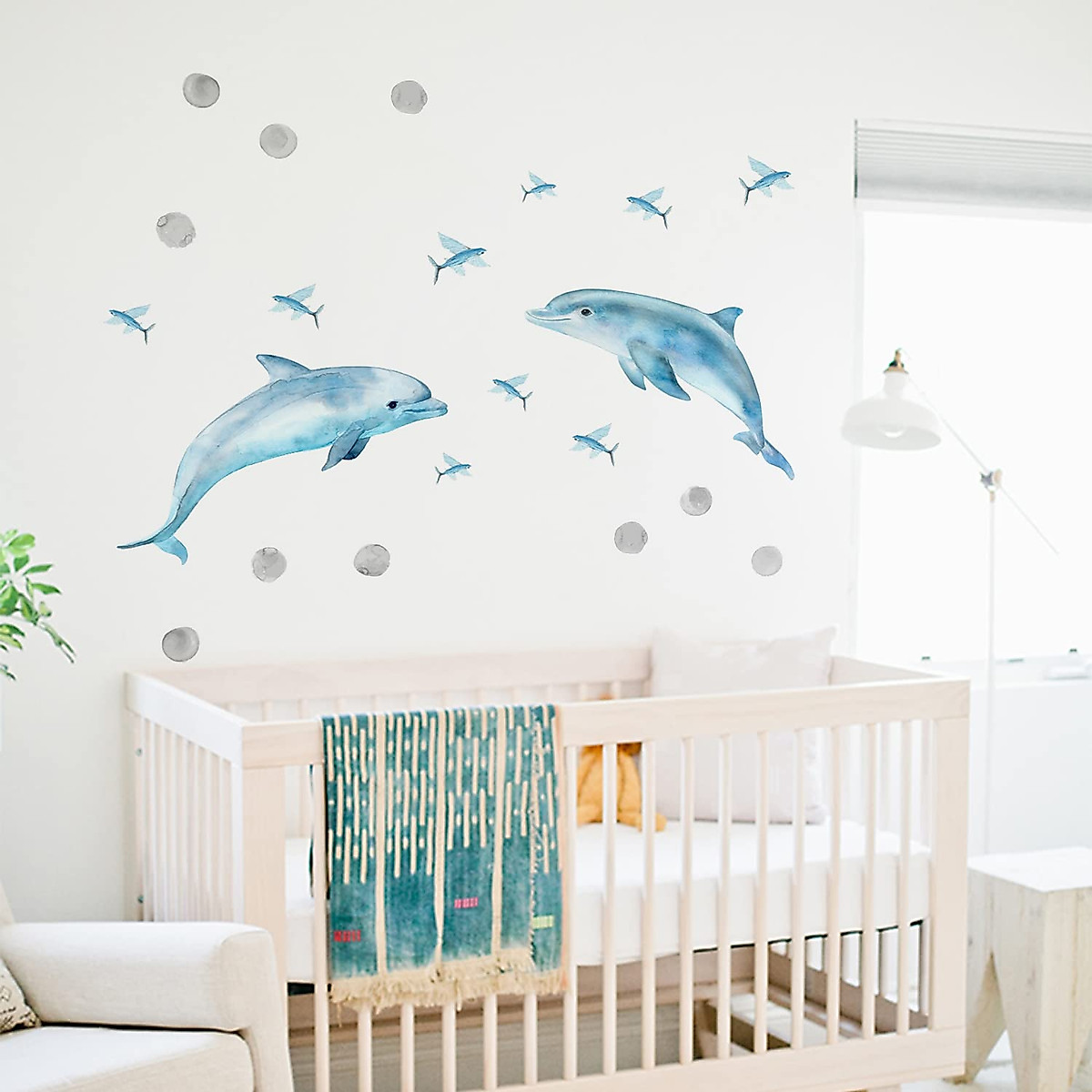 funlife Watercolor Wall Decals Peel and Stick, Ocean Animals Wall Stickers, Under The Sea Wall Decal Stickers for Kids Room Bedroom Playroom Nursery Room, Flying Fish & Dolphin