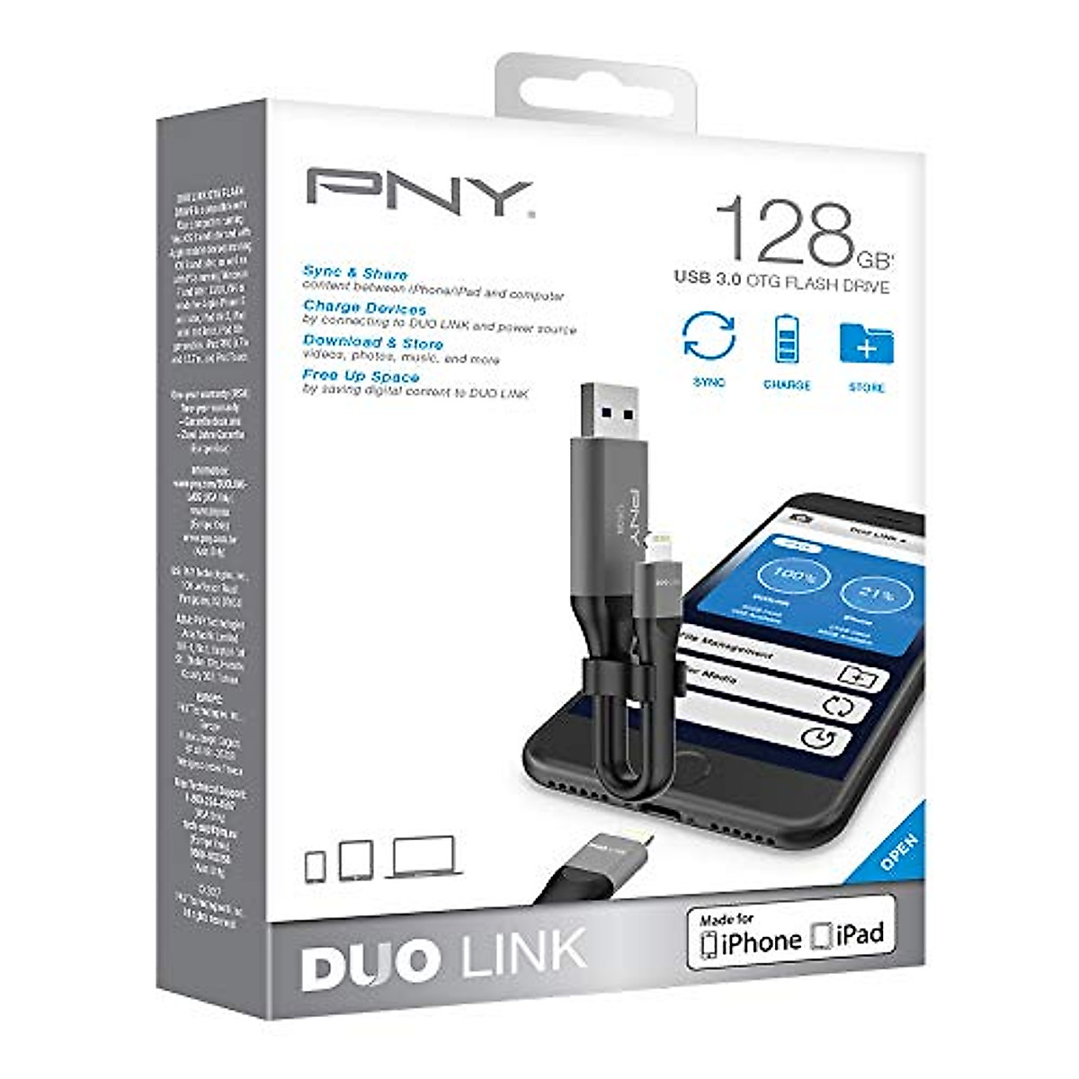 PNY P-FDI128LA02GC-RB 128GB Duo Link iOS USB 3.0 OTG Flash Drive for iPhone & iPad and Computers - External Mobile Storage for Photos, Videos, and More, Metal Gray