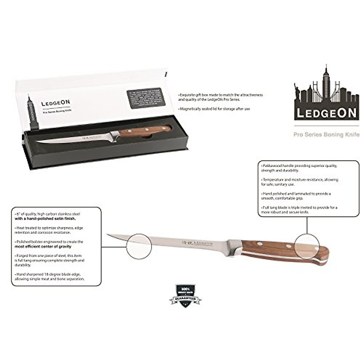 LedgeON 6" Professional Boning Knife - Pro Series - High Carbon Stainless Steel Blade - Wood Handle