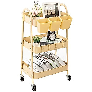danpinera 3-Tier Rolling Cart, Metal Rolling Storage Cart with Lockable Wheels & Hanging Cups & Hooks, Mobile Trolley Cart for Kitchen, Bathroom, Office, Workshop, Yellow