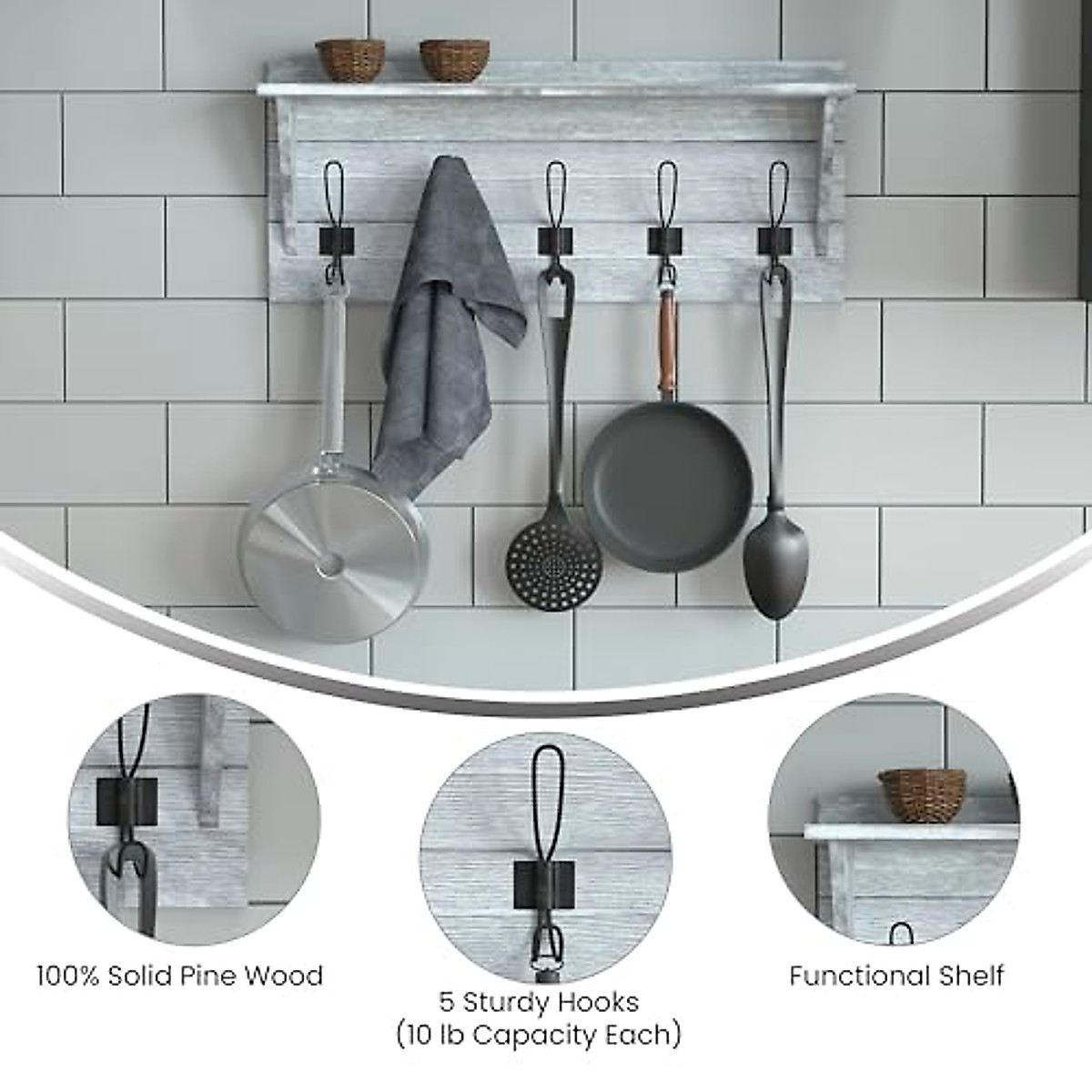 Flash Furniture Daly Wall Mounted Storage Rack - Whitewashed Solid Pine Wood - 24 Inch - Upper Shelf and 5 Hooks - For Entryway, Kitchen, Bathroom