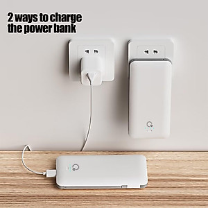 10000mAh Portable Charger, Q Slim USB C Power Bank, 4 Output 2 Input External Battery Pack with Built-in Cabels AC Wall Plug, Compatible with iPhone Samsung etc