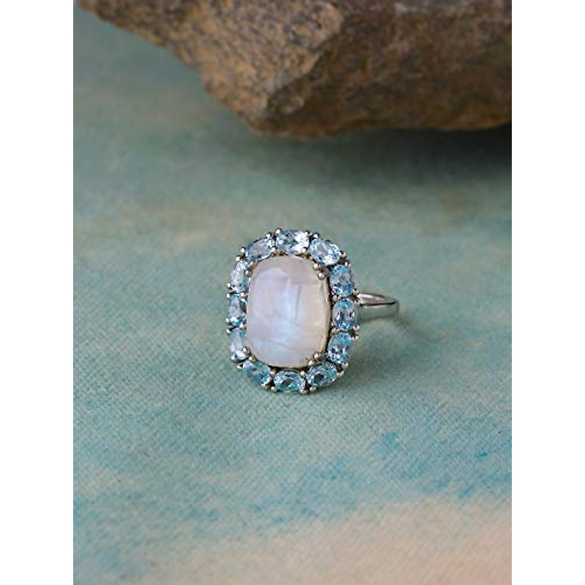 YoTreasure Moonstone and Sky Blue Topaz Cluster Ring Solid 925 Sterling Silver