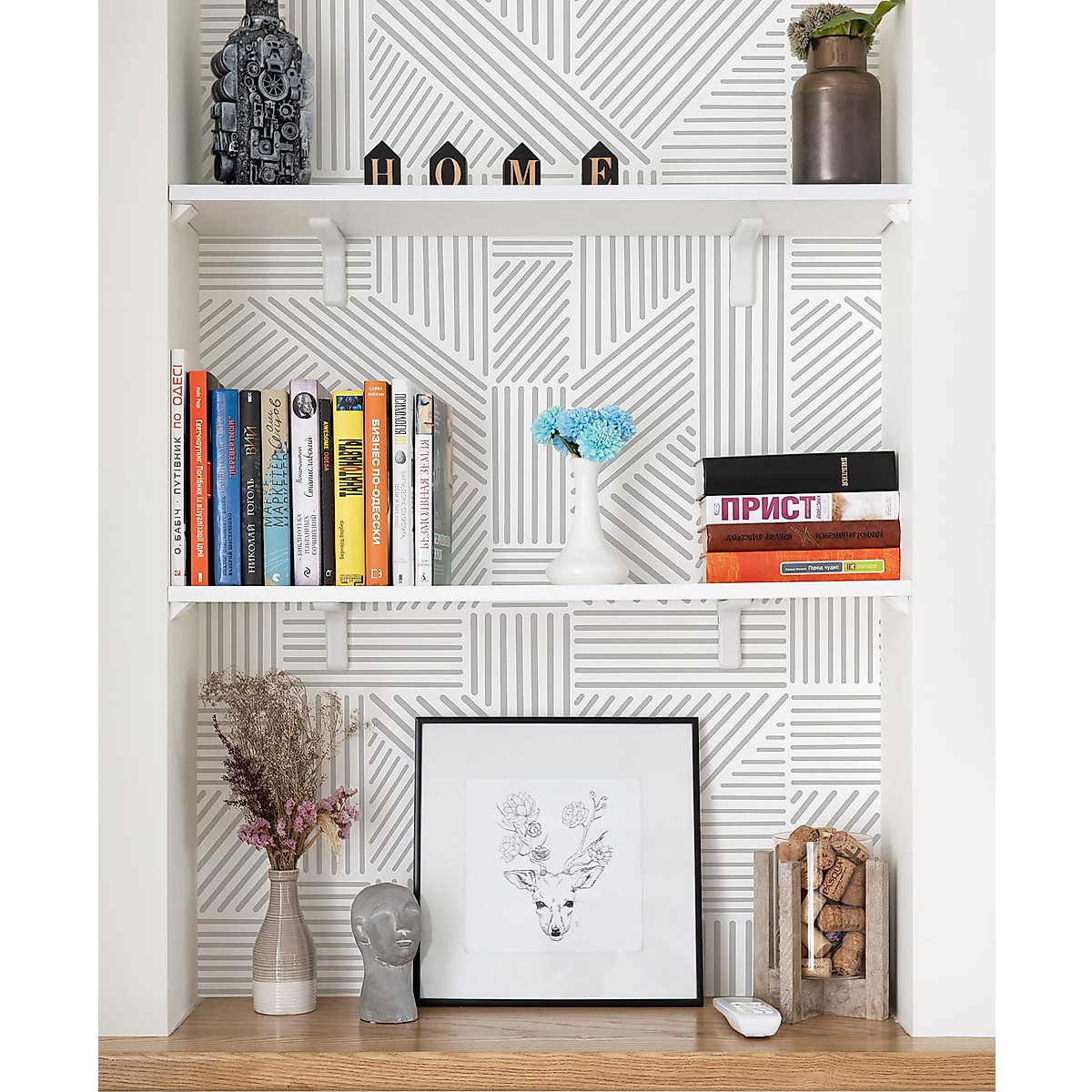 Tomete Gray and White Wallpaper Geometric Wallpaper Peel and Stick Wallpaper Boho Modern Geometric Contact Paper for Cabinets Removable Line Bathroom Wallpaper Waterproof Self-Adhesive17.3”×393”