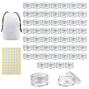 55Pcs 5 Grams Sample Containers with Lids and Labels, Small Little Mini Tiny Containers, Clear Acrylic Plastic Sample Jars for Cosmetic, Creams, Makeup, Nails, 5g/5ml Empty Round Sample Containers