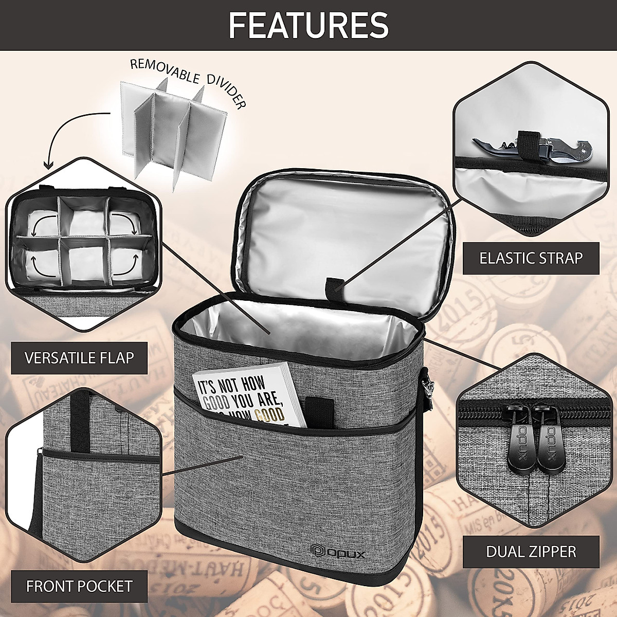 OPUX 6 Bottle Carrier Tote | Insulated Padded Wine Cooler Bag for Travel. Picnic, BYOB | Portable Leakproof Wine Tote Bag for Dinner, Party, Christmas, Wine Gift for Women, Men (Heather Gray)