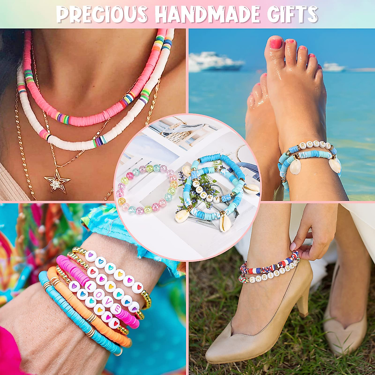 Petoss 10800pcs Clay Beads for Bracelets Making Kit,48 Colors Polymer Clay Beads Kit for Jewelry Making for Girls,6mm Heishi Beads with 416 Letters Beads 120 Smiley Beads with Gift Pack