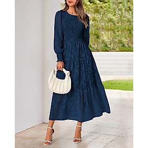 BTFBM Casual Women's 2025 Fall Dresses Elegant Wedding Guest Dress Long Sleeve Floral Midi Dress Flowy Bohemian Long Dress(Dark Blue,Small)