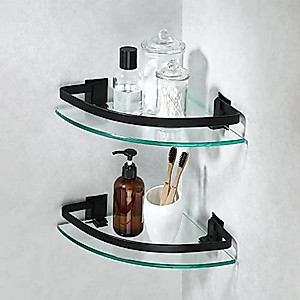 KES Bathroom Tempered Glass Shelf with Rail Extra 8 MM-Thick 2 Pack Aluminum Corner Triangle Storage Organizer Wall Mount Black, A4120A-BK-P2