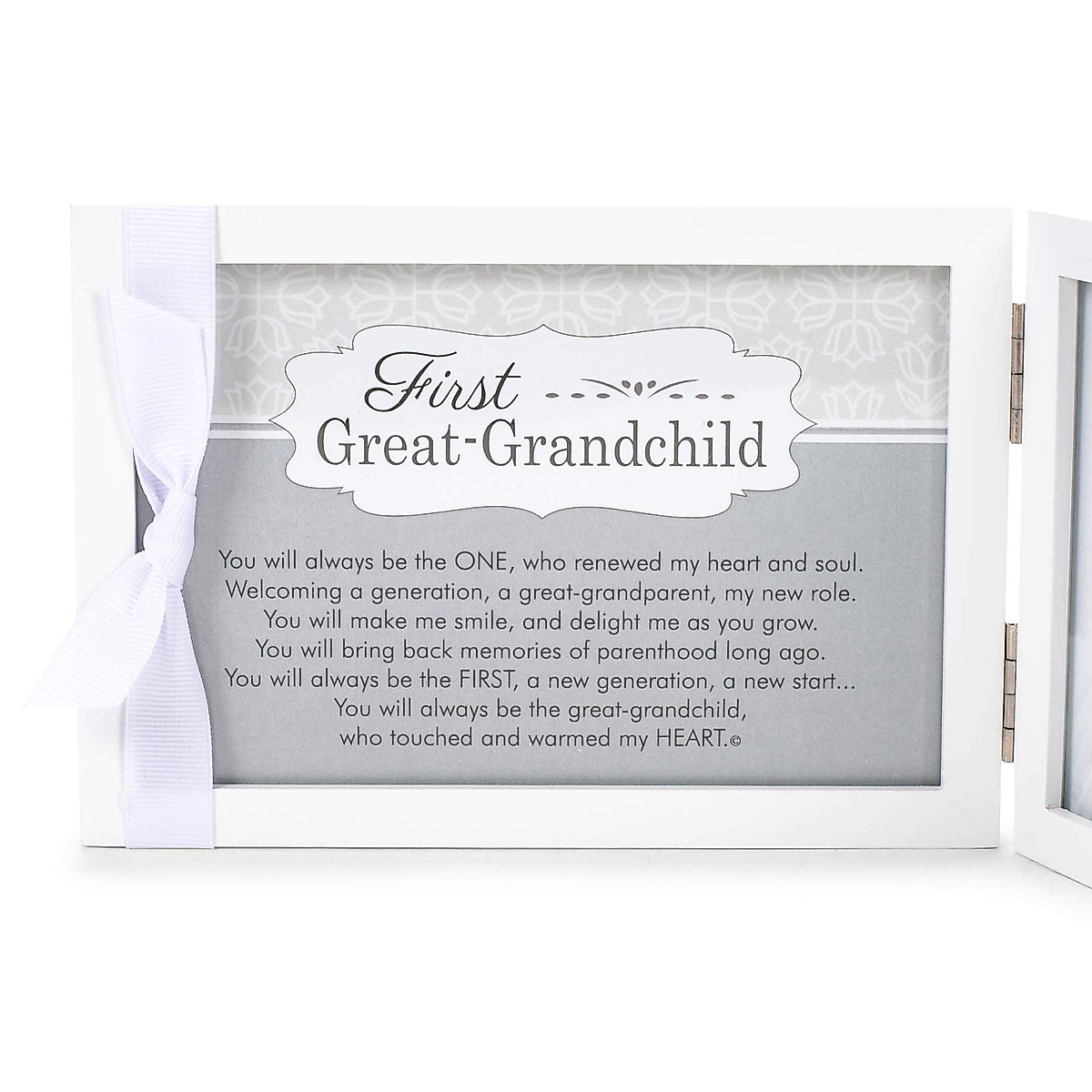 The Grandparent Gift Co. First Great - Grandchild Picture Frame- White Double Hinged Tabletop Photo Frame Holds 4"x6" Pictures or Ultrasounds- Includes Beautiful Sentiment/Poem