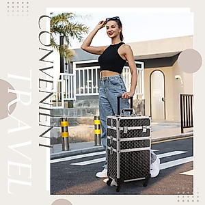 Adazzo 3 in 1 Professional Rolling Makeup Train Case Aluminum Trolley Case with 360° Rotation Wheels for Makuep Artist Cosmetic Suitcase Organizer with Lock and Key Diamond Pattern - Black