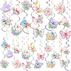 60 Pieces Butterfly Hanging Swirl Party Decor,Spring Flower Watercolor Purple Pink Butterfly Hanging Ceiling Swirl for Girls Baby Shower Birthday Summer Themed Wedding Party Supplies Decor of 30 Set