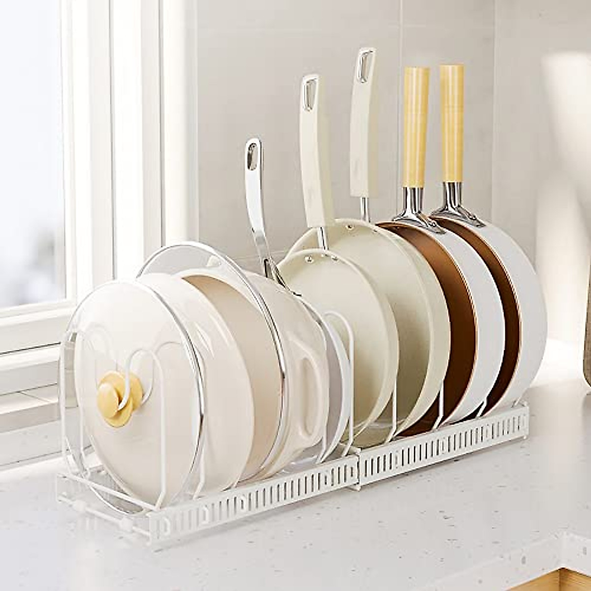 Rerii Pan Organizer Rack for Cabinet, Expandable Pots and Pans Organizer Rack, Cutting Board Pot Lid Holder Dish Drying Racks with 10 Adjustable Dividers for Kitchen Counter