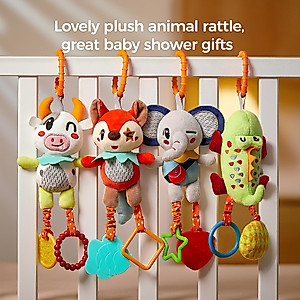 TUMAMA 4 Pack Baby Toys for 0 3 6 9 12 Months, Hanging Crib Toys for Newborn Infant Development, Car Seat Stroller Soft Plush Rattles Toy for Babies