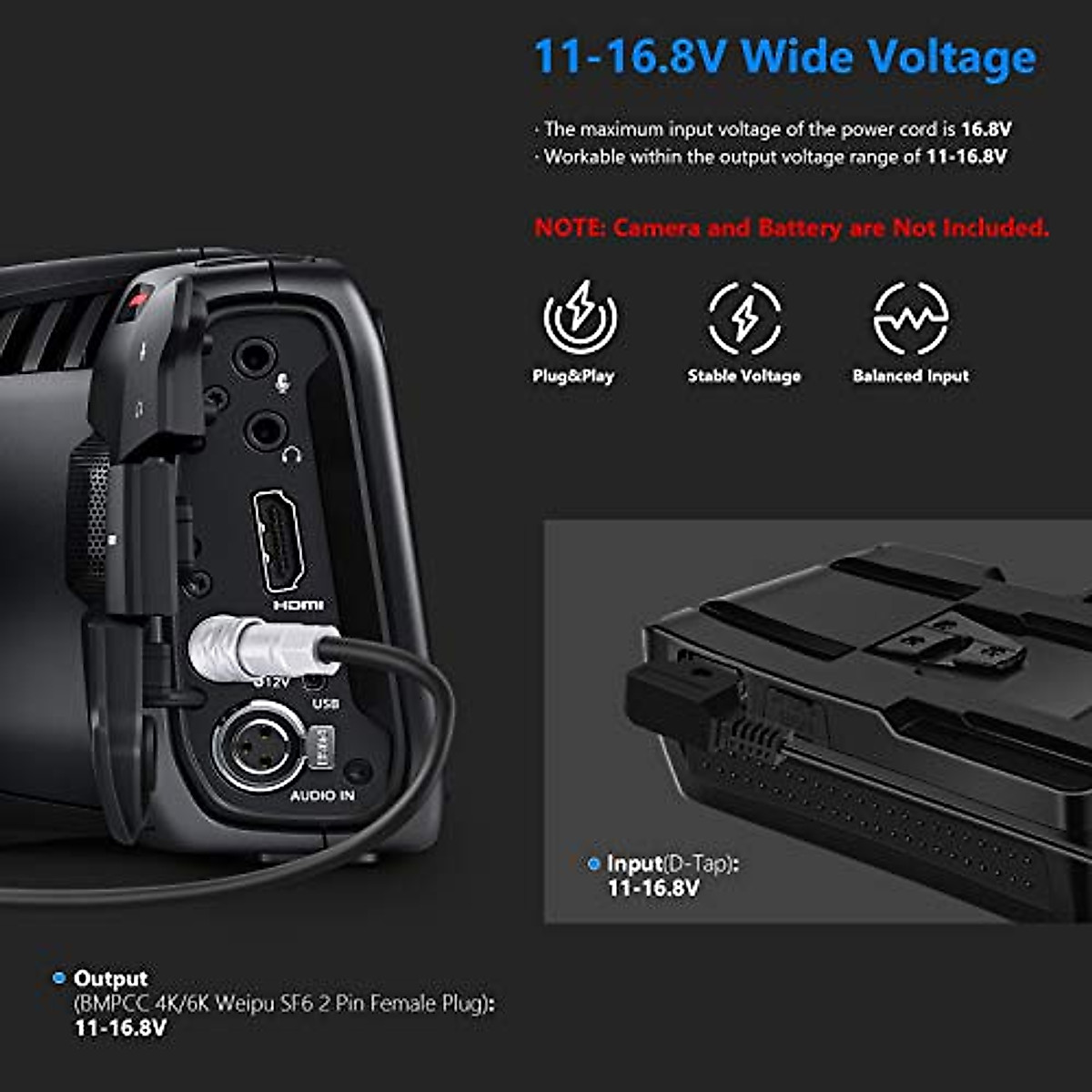 Neewer D-Tap to BMPCC 4K/6K Coiled Power Cable Compatible with Blackmagic Pocket Cinema Camera 4K/6K Gold Mount V Mount Battery Weipu 2 Pin Female to P Tap, 16 inches - 50 inches Length