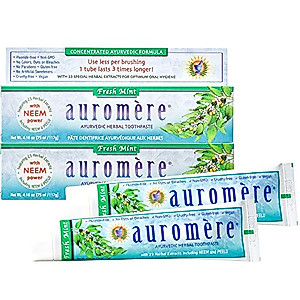 Auromere Ayurvedic Herbal Toothpaste, Fresh Mint - Vegan, Natural, Non GMO, Fluoride Free, Gluten Free, with Neem & Peelu (4.16 oz), 2 Pack