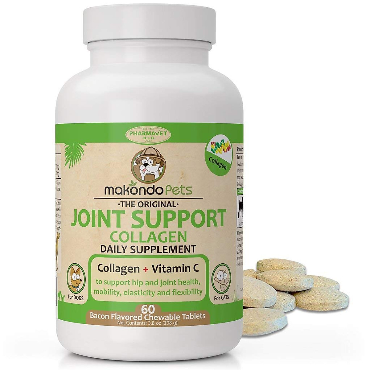 Makondo Pets - Collagen for Dogs & Cats - Collagen Supplements for Joint Health - Vitamin C Supplement for Joint Mobility - Joint Support Supplement for Dog & Cats - Bacon Flavored Tablets (60 Count)