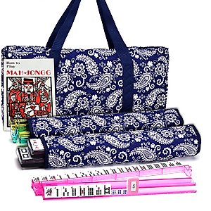 Mose Cafolo American Mahjong Game Set, Blue Paisley Carrying Bag,166 Premium White Tiles,4 All-in-One Color Rack/Pushers,100 Chips,1 Wind Indicator, Complete Mah Jong Tiles Set, Mah Jongg Set