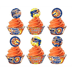 Dart War Cupcake Kit - 48 pieces - 24 Dart War Cupcake Toppers and 24 Cupcake Wrappers - Dart War Party Supplies - Dart War Party Decorations - Cupcake