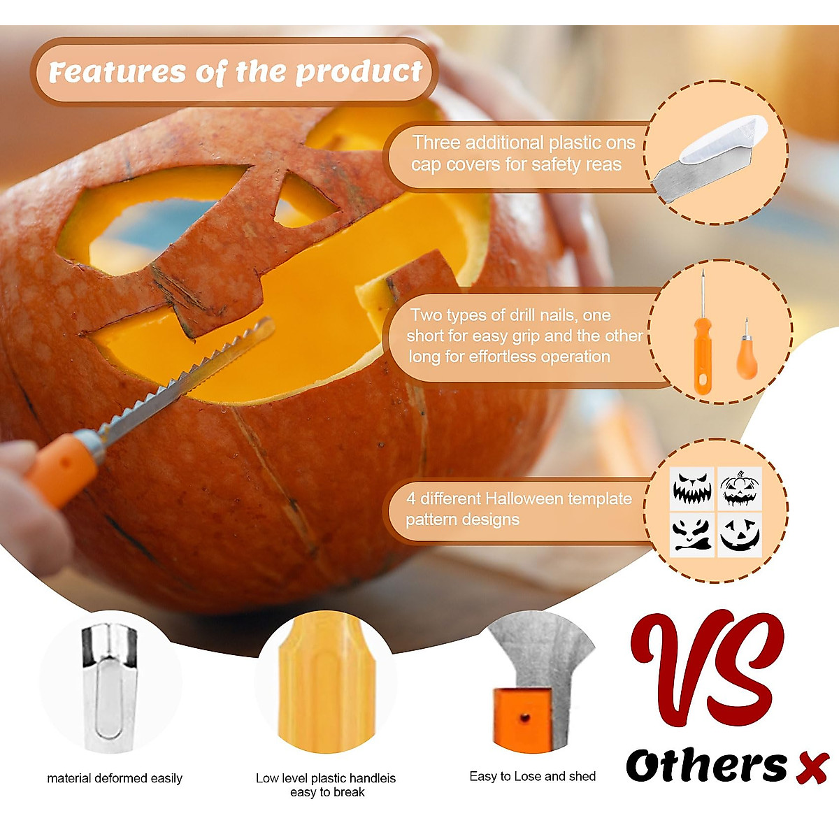 Pumpkin Carving Kit Halloween, 8 PCS Professional Heavy Duty Pumpkin Carving Tools with 4 Pumpkin Carving Stencils,Stainless Steel Pumpkin Carving Tools for Halloween Decoration with Thick Handbag