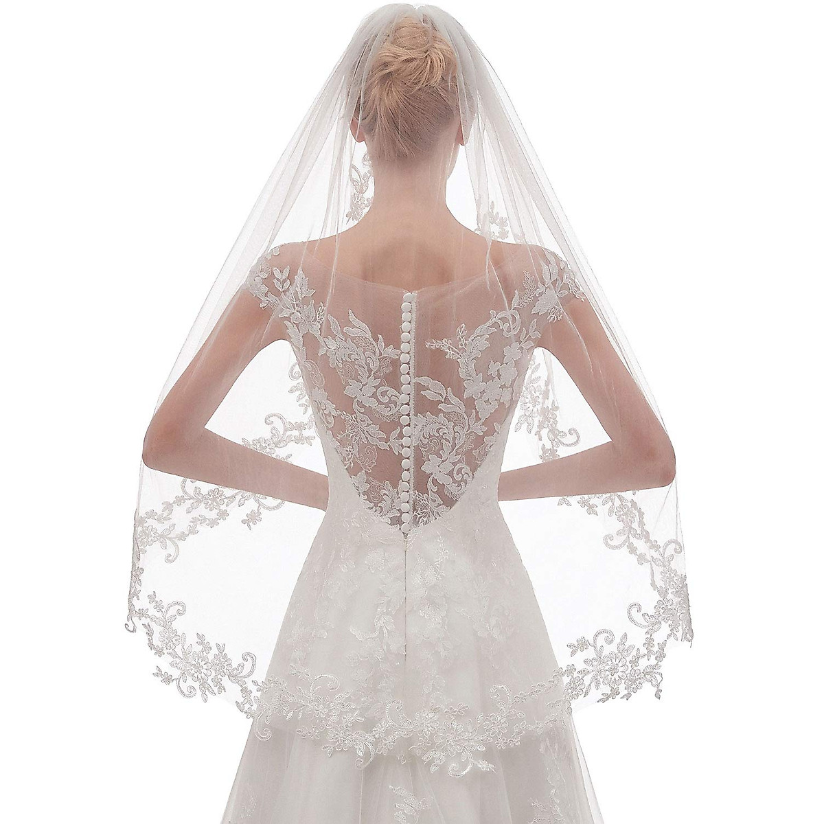 EllieHouse Womens Short Fingertip Length 1 Tier Lace Ivory Wedding Bridal Veil with Metal Comb L69IV