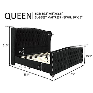 AMERLIFE Queen Size Platform Bed Frame, Velvet Upholstered Bed with Deep Button Tufted & Nailhead Trim Wingback Headboard/No Box Spring Needed/Black