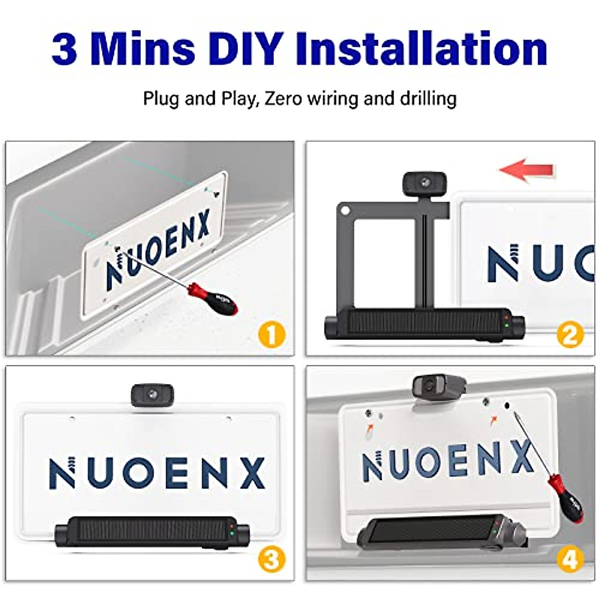 Nuoenx Solar Wireless Backup Camera for Truck, 3Mins No Wiring Installation, 6700 Solar Powered Battery Car Back Up Camera System with 7" Monitor, IP69K Waterproof License Plate Camera for Trailer/RV