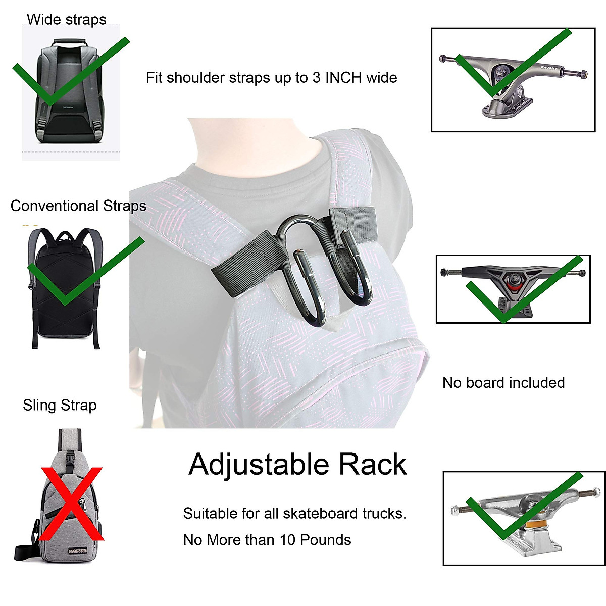 YYST Backpack Attachment Carrier Hanger Rack Hook Holder for Carrying Mini Cruiser, Cruiser Board,Skateboard - Fit Most Backpacks - Easy to Use - No Backpack