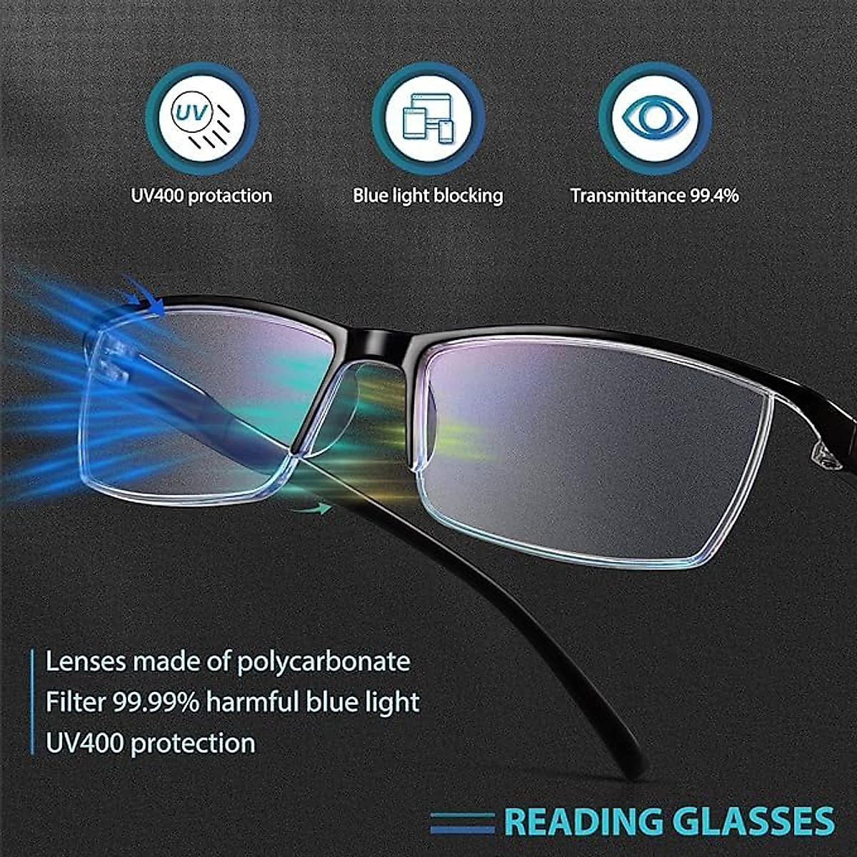 6 pack Executive Style Reading Glasses Men - Durable Readers with 99% Blue Light Blocking - Comfortable Fit with TR90 Frames