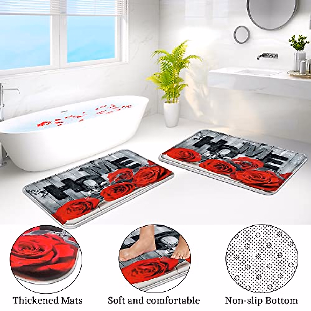 ENYORSEL 3Pcs Bathroom Sets, Red Rose Shower Curtain Set with Rugs, Incl 71'' x 71'' Waterproof Polyester Shower Curtain with 12 Hooks, 2Pcs 30'' x 18'' Non Slip Bath Mats for Romantic Bathroom Decor