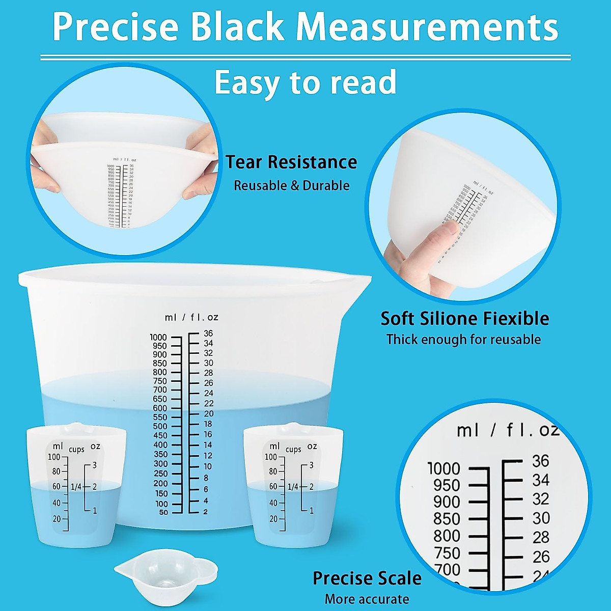 Creahaus 1000ML Large Silicone Measuring Cups for Resin, Easy to Read 36oz Silicone Mixing Bowl with 100ML Silicone Resin Mixing Cup, Easy Clean Reusable Epoxy Resin Supplies with Stir Stick, Pipettes