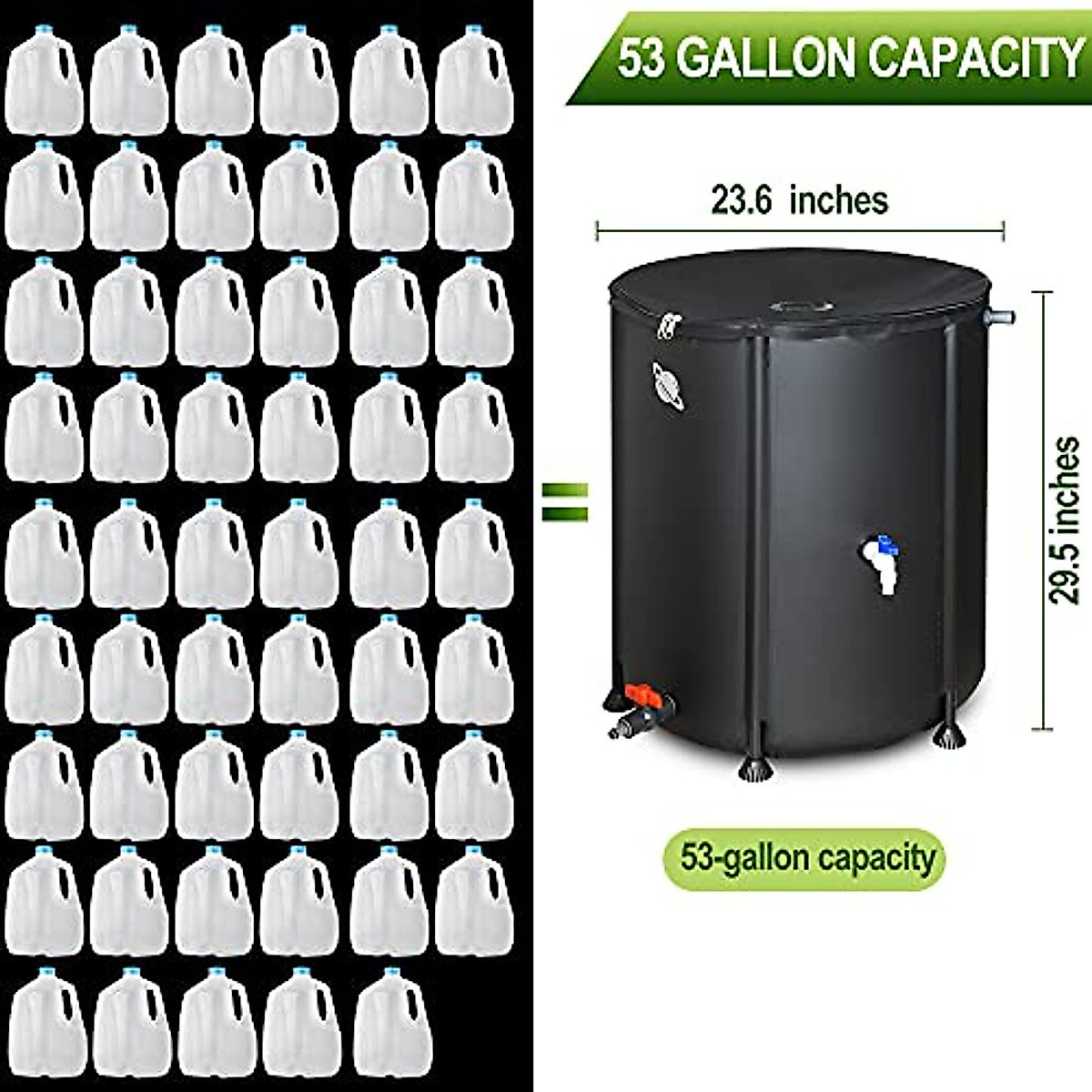 53 Gallon Portable Rain Barrel Water Tank - Collapsible Rainwater Collection System Storage Container - Water Collector Barrels Include Two Spigots and Overflow Kit - Comes with 25 Garden Labels
