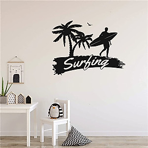 Vinyl Wall Art Surfing Wall Decal Gym Sports Boys Teenages Surf Board Palm Tree Wall Sticker Removable Wall Mural for Bedroom Living Room TM-62 (Black)